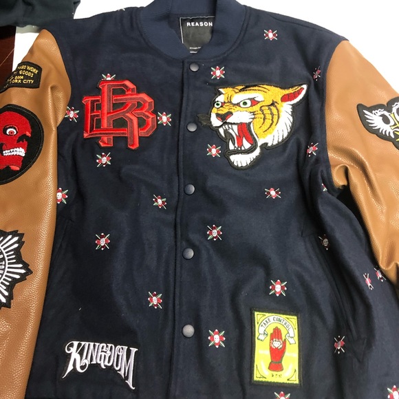 Reason | Jackets & Coats | Reason Navy Blue Patches Bomber Varsity ...